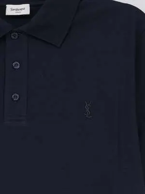 Saint Laurent Piqué Cotton Polo Shirt With Cassandre Embroidery - Blue