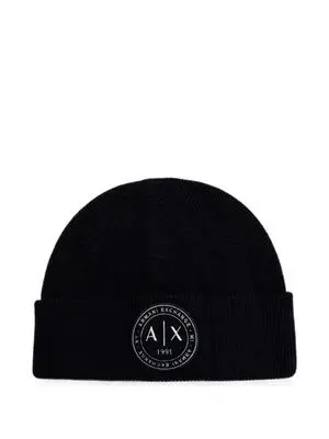 Armani Exchange Logo-patch Ribbed-knit Beanie Hat - Blue