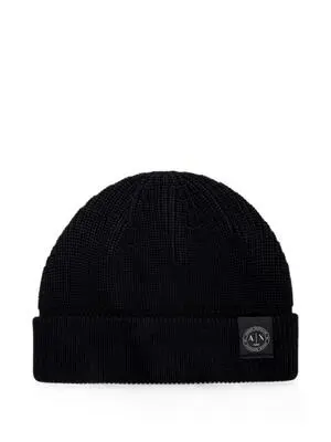 Armani Exchange Logo-patch Waffle-knit Beanie Hat - Black