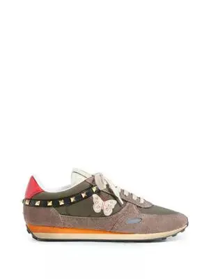 Valentino Garavani Stud Up Sneakers In Split Leather And Nylon With Butterfly Embroidery - Green