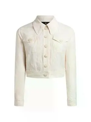 Etro Cropped Jacket In Stretch Cotton-blend Jacquard With Rebrodé Lace - Neutrals