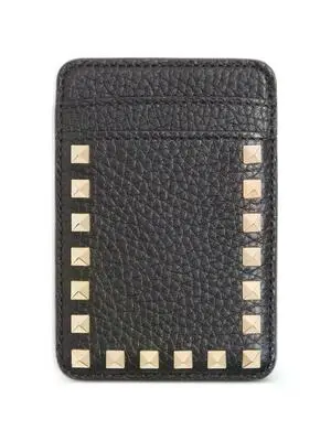 Valentino Garavani Rockstud Magnetic Cardholder In Grainy Calfskin - Black