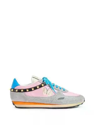 Valentino Garavani Stud Up Sneakers In Split Leather And Nylon With Butterfly Embroidery - Pink
