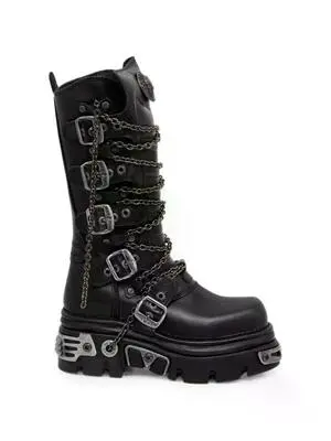 NEW ROCK Chain-embellished Buckle-fastening Boots - Black