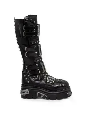 NEW ROCK Metallic Studded Buckled Boots - Black