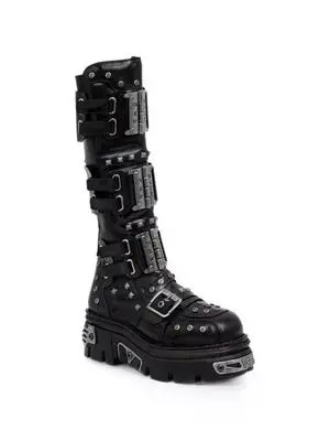 NEW ROCK Metallic Studded Buckled Boots
