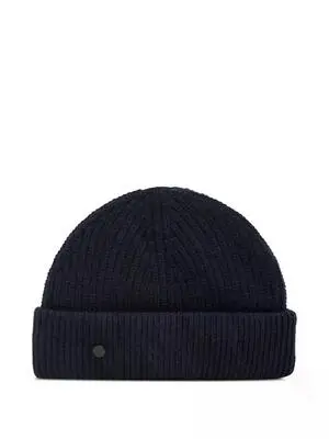 Closed Ribbed Knit Logo Plaque Beanie Hat - Blue
