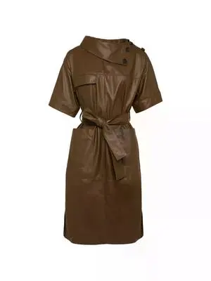 YVES SALOMON Asymmetric Belted Leather Midi Dress - Brown