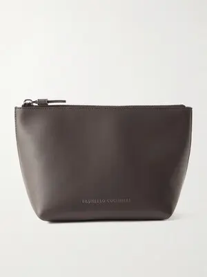 Brunello Cucinelli Bead-embellished Leather Cosmetic Case - Brown