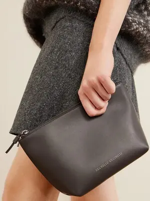 Brunello Cucinelli Bead-embellished Leather Cosmetic Case - Brown