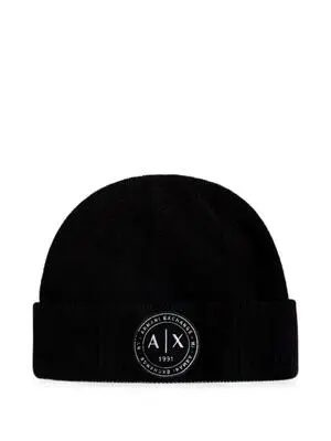 Armani Exchange Logo-patch Ribbed Beanie Hat - Black