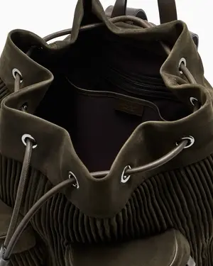 Giorgio Armani Pleated Suede Leather Backpack With Pockets And Drawstring
