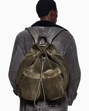 Giorgio Armani Pleated Suede Leather Backpack With Pockets And Drawstring