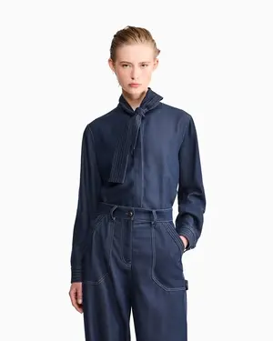 Giorgio Armani Shirt In Denim Effect Lyocell With Neck Scarf