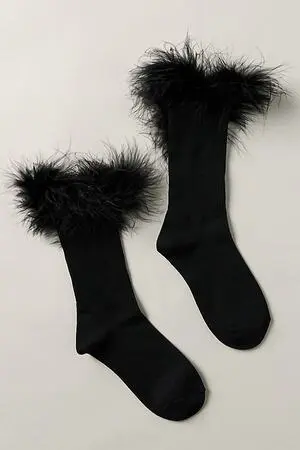 HIGH HEEL JUNGLE Fur-trim Socks - Black
