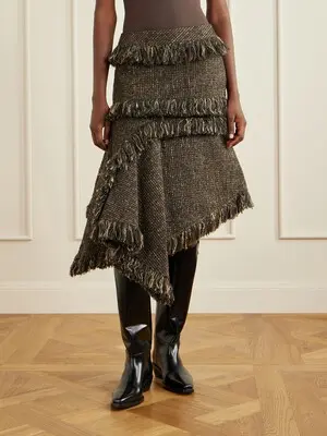 Sacai Fringed Wool-blend Tweed Midi Skirt - Brown