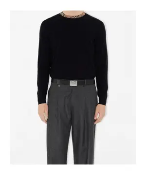 Burberry Checked-trim Ribbed-knit Jumper - Navy