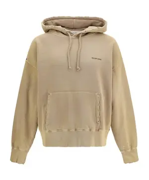 GOLDEN GOOSE Logo Printed Drawstring Distressed Hoodie - Nude