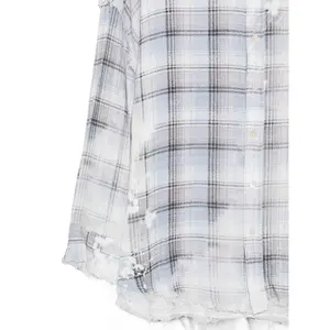 R13 Shredded Seam Drop Neck Shirt - Blue Bleached Plaid