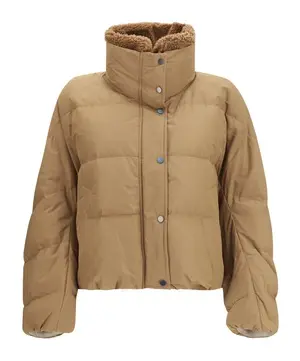 Brunello Cucinelli Techno Cotton Taffeta Down Jacket With Detachable Shearling Insert And Monili - Beige