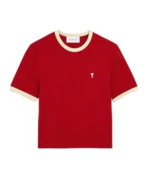AMI Paris De Coeur Logo Embroidered Crewneck T-shirt - Ruby Red/ivory White