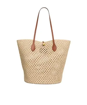 Celine Bucket Triomphe Beads Basket In Raffia And Calfskin - Tan