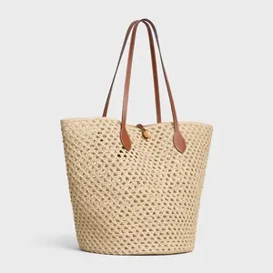 Celine Bucket Triomphe Beads Basket In Raffia And Calfskin