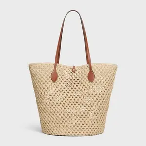 Celine Bucket Triomphe Beads Basket In Raffia And Calfskin
