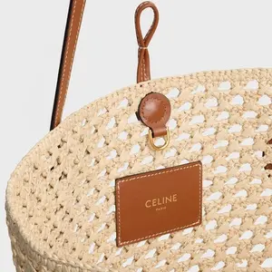 Celine Bucket Triomphe Beads Basket In Raffia And Calfskin
