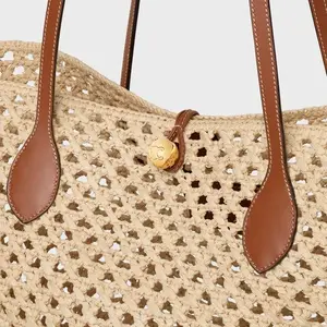 Celine Bucket Triomphe Beads Basket In Raffia And Calfskin