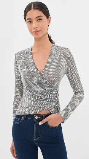 SELF-PORTRAIT Rhinestone Mesh Wrap Top - Grey