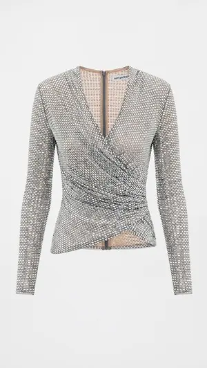 SELF-PORTRAIT Rhinestone Mesh Wrap Top