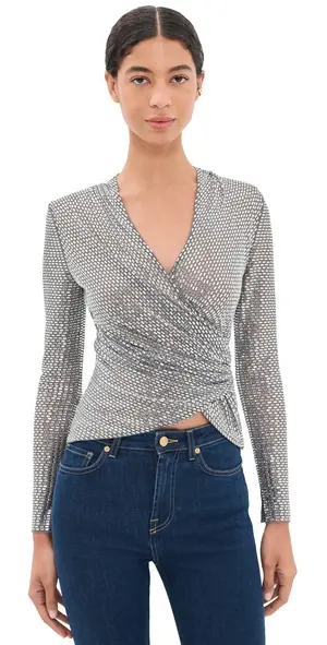 SELF-PORTRAIT Rhinestone Mesh Wrap Top - Grey