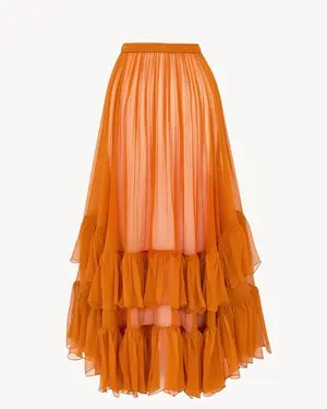 Saint Laurent Silk Crepon Muslin Skirt With Layered Ruffles
