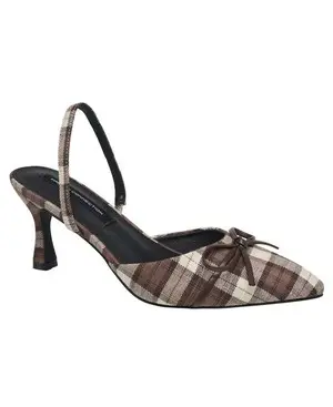 French Connection Bowy Plaid Kitten Heel Slingback Pumps - Brown Multi
