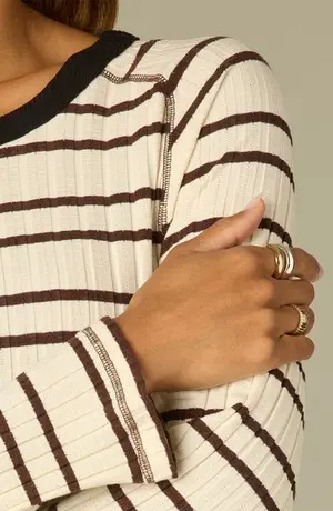 Wit & Wisdom Striped Ribbed Long Sleeve Top - Ecru/black