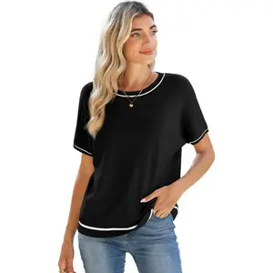 ZILPU Lightweight Soft Knit Crewneck Top With Contrast Trim - Black