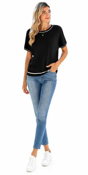 ZILPU Lightweight Soft Knit Crewneck Top With Contrast Trim - Black