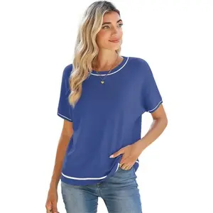 ZILPU Lightweight Soft Knit Crewneck Top With Contrast Trim - Blue