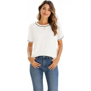 ZILPU Lightweight Soft Knit Crewneck Top With Contrast Trim - White