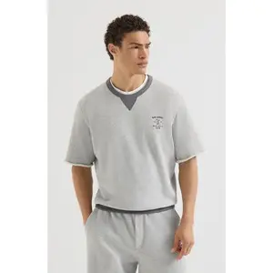 Brunello Cucinelli Cotton French Terry Short Sleeve Sweatshirt With Embroidery - Grey