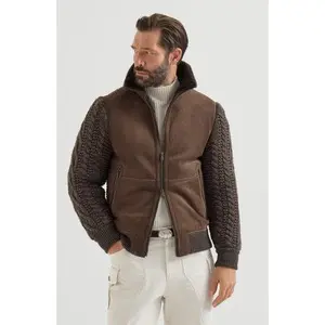 Brunello Cucinelli Suede Shearling And Cashmere Knit Bomber Jacket With Thermore® Padding - Brown