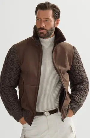Brunello Cucinelli Suede Shearling And Cashmere Knit Bomber Jacket With Thermore® Padding