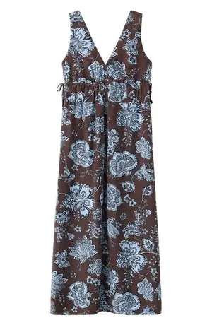 Mango Shirred Floral Sleeveless Dress - Chocolate