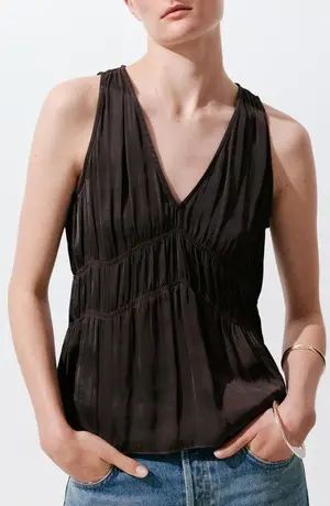 Mango Ruched V-neck Top - Brown