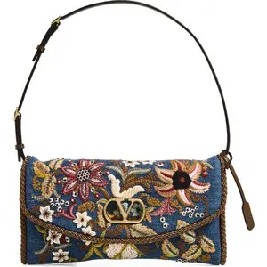 Valentino Garavani Small Devain Embroidered Denim Shoulder Bag - Blue Multi