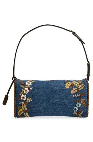 Valentino Garavani Small Devain Embroidered Denim Shoulder Bag