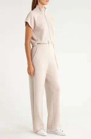 Spanx Pintucked Half-zip Jumpsuit - Bone Heather