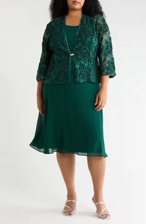 JESSICA HOWARD Sequin Lace Jacket & Sleeveless Dress Set - Hunter