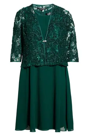 JESSICA HOWARD Sequin Lace Jacket & Sleeveless Dress Set - Hunter